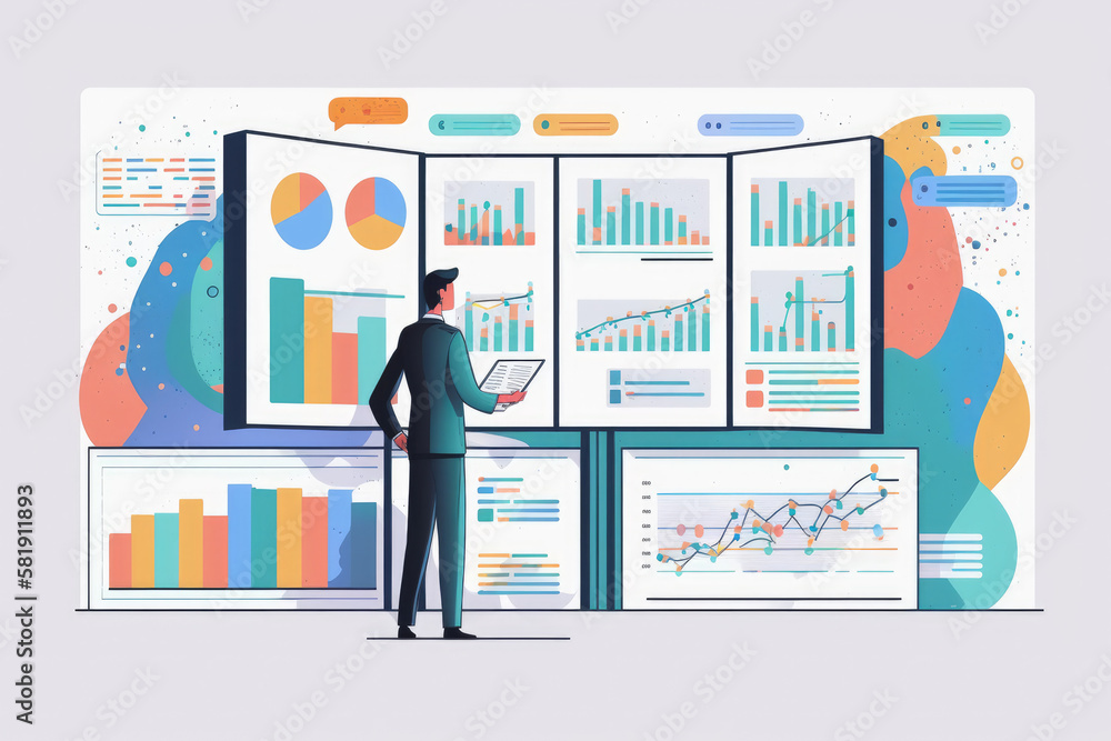Big control center with business graphs showing key process indicators ...