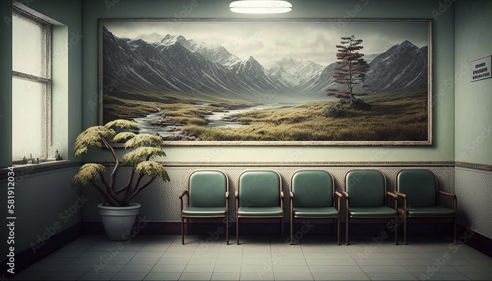 Medical waiting room with fully framed wall painting of a mountain ...