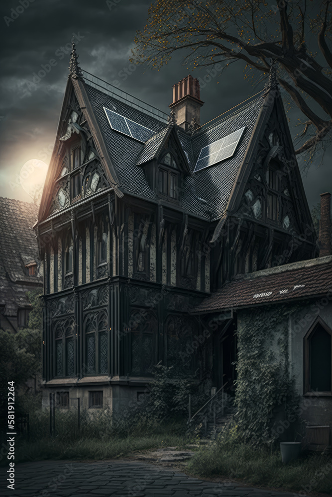 portrait image old and mysterious Victorian house, with solar panels ...