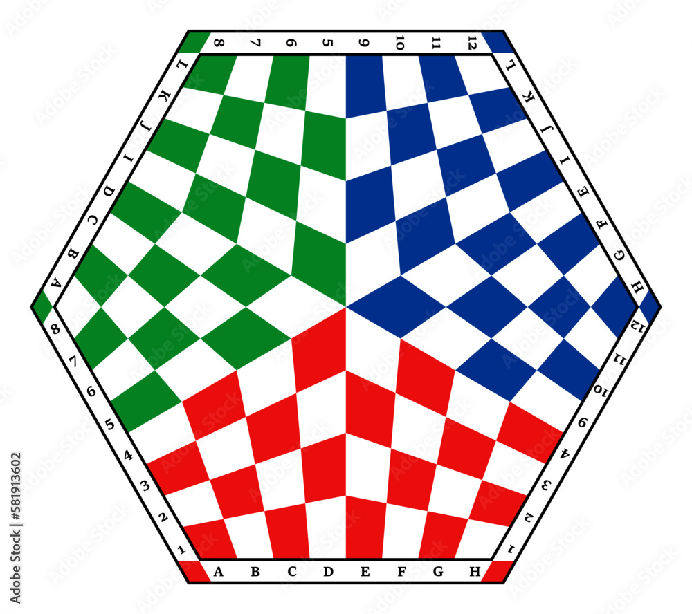 Hexagonal chessboard for three players with chess pieces. Chess pieces ...