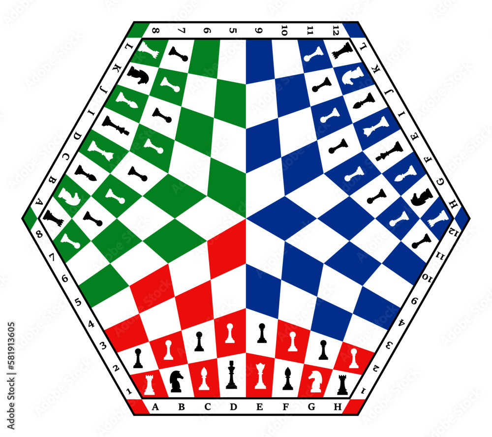 Hexagonal chessboard for three players with chess pieces. Chess pieces in flat style ...