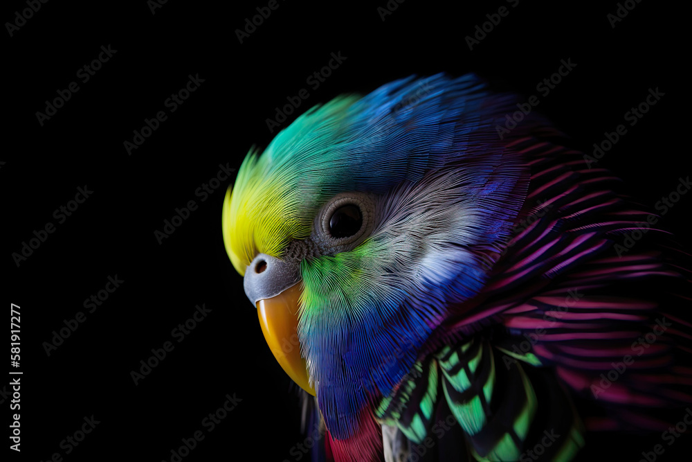 generative ai illustration of a rainbow colored budgie portrait against ...