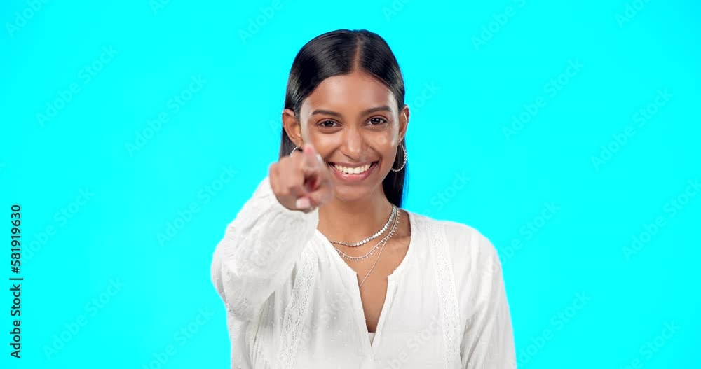 Face, motivation and Indian woman pointing to you, promotion and ...