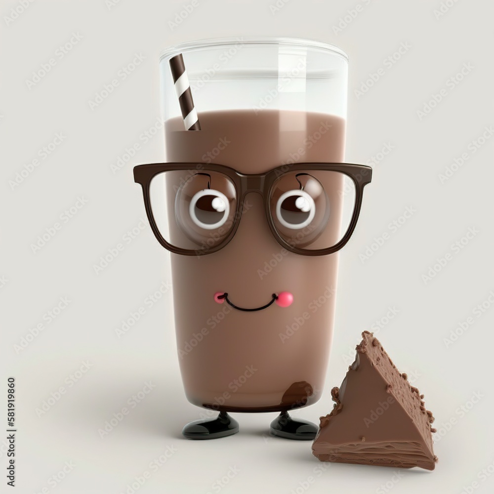 cartoon illustration, a glass of chocolate milk with glasses, ai ...