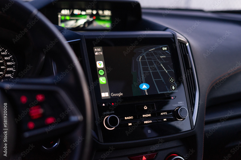 Google Maps on Apple CarPlay on a Car Infotainment System, Dashboard ...