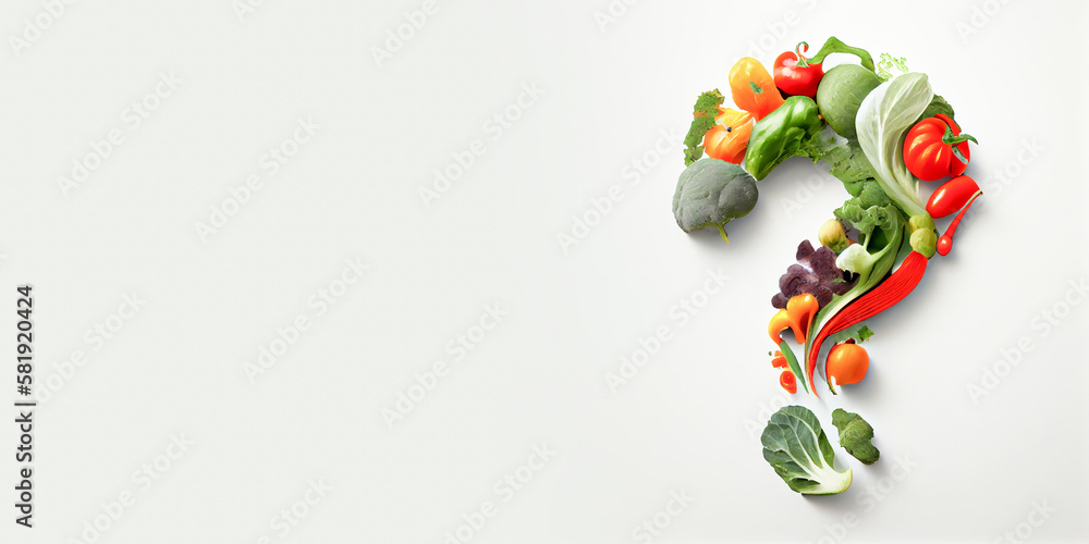 Question mark made with fruit and vegetables; healthy eating concepts ...
