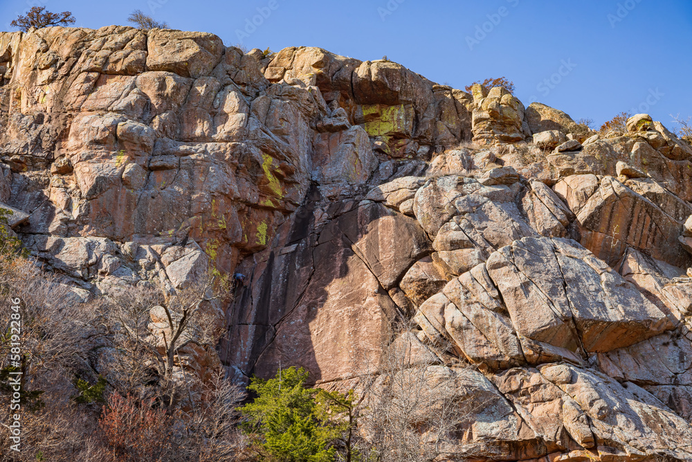 Sunny view of hiking in the Narrows Trail of Wichita Mountains National ...