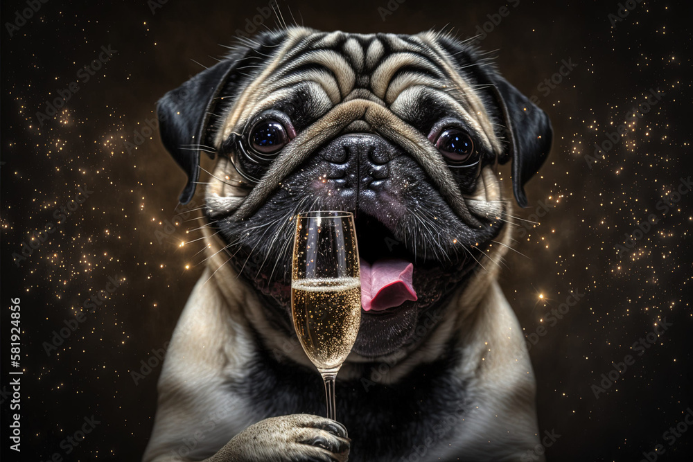 Pug dog and glass of champagne created with Generative AI technology ...