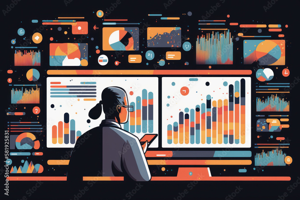 Big control center with business graphs showing key process indicators ...