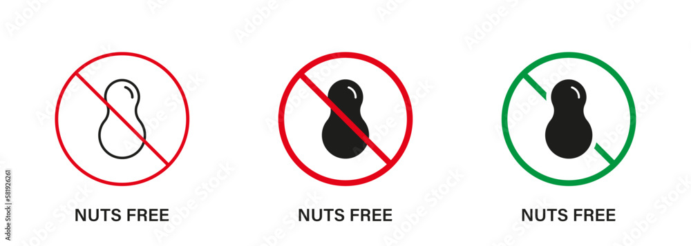 Nut Free Silhouette and Line Icon Set. Nuts Product Stop Sign. Peanuts ...
