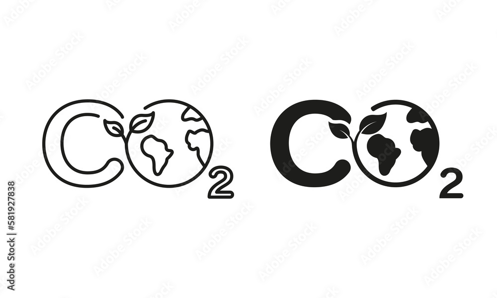 CO2 Sign with Globe and Leaf Line and Silhouette Icon Set. Reduction ...
