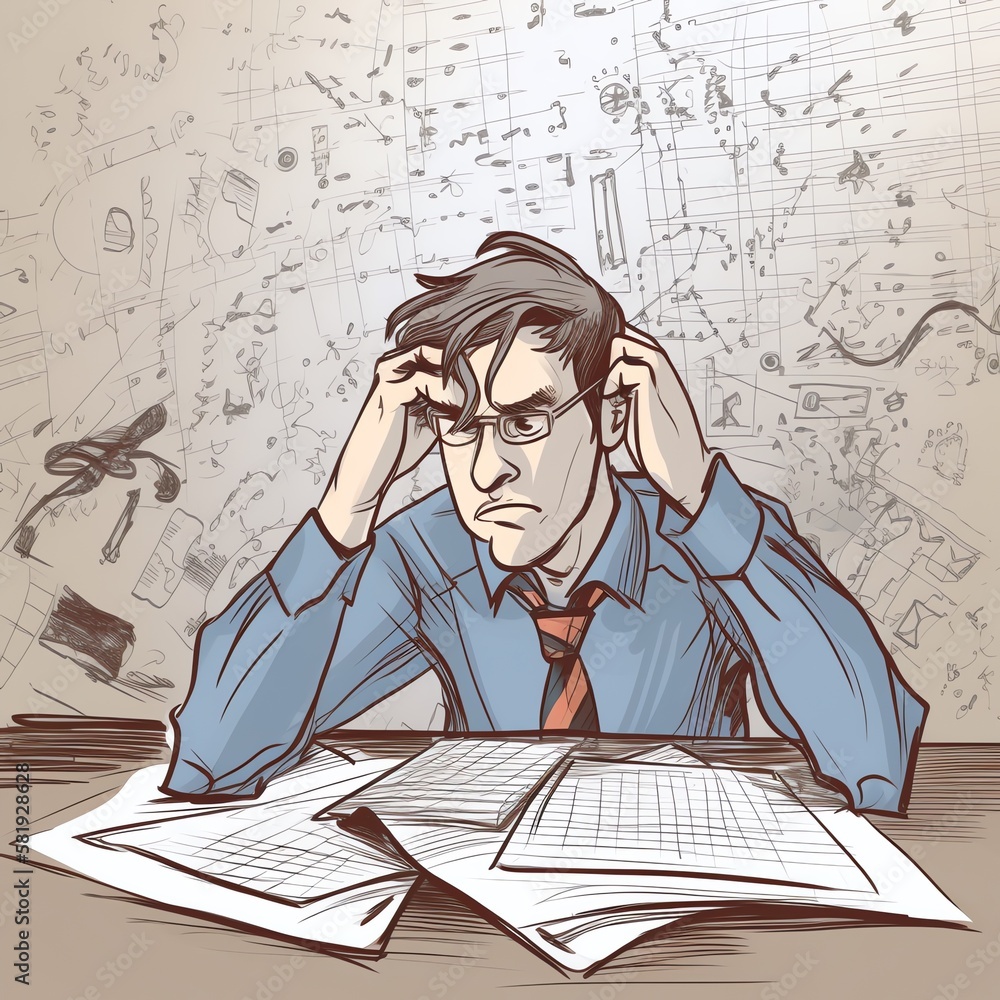 a cartoon man thinking extremely hard, sitting in an office, calculated ...