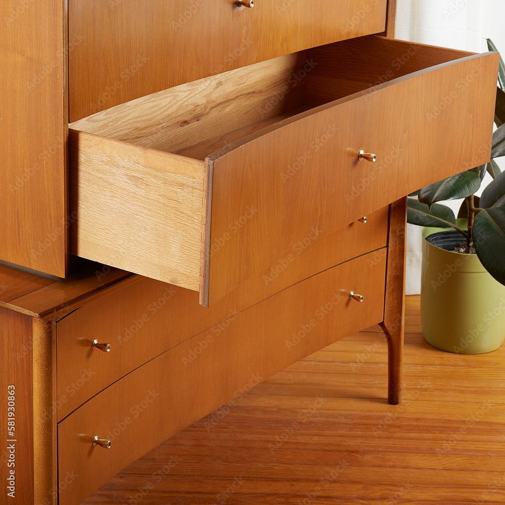 Mid-Century Modern Tall Dresser with unique brass hardware. Vintage set ...