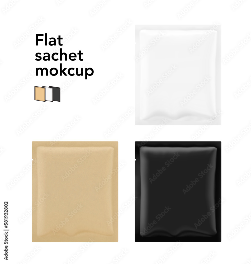 Realistic flat square sachet mockups with different materials. Vector ...