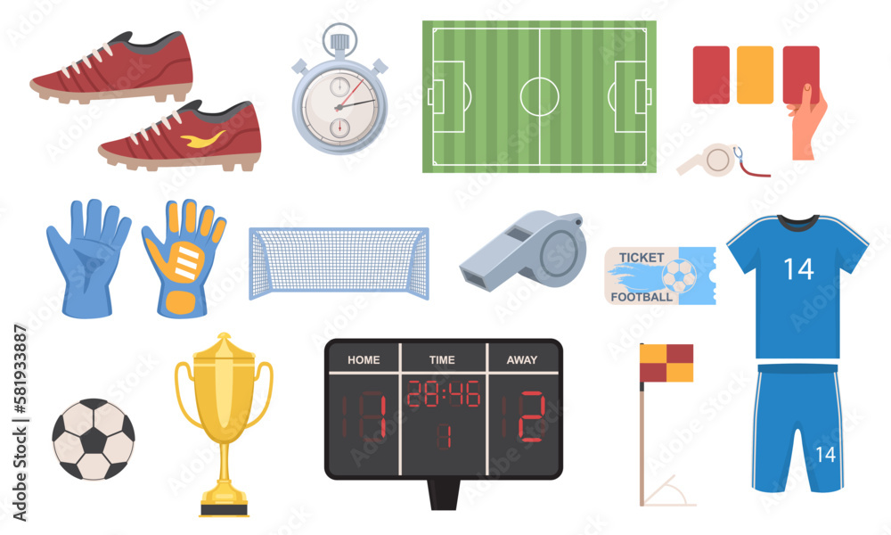 Set of Football match elements. Stickers with soccer uniform, boots ...