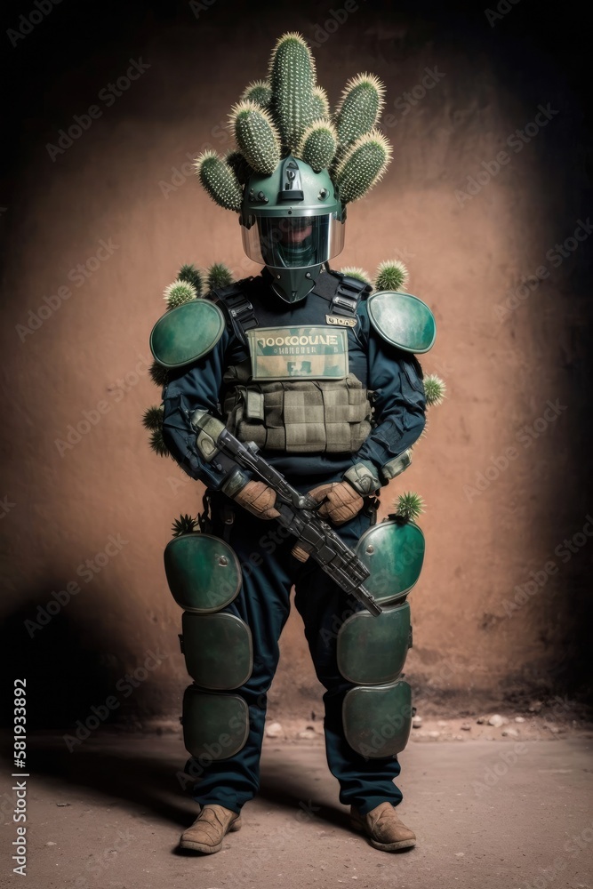 Riot police officer in surreal cactus armor soldier uniform. Generative ...