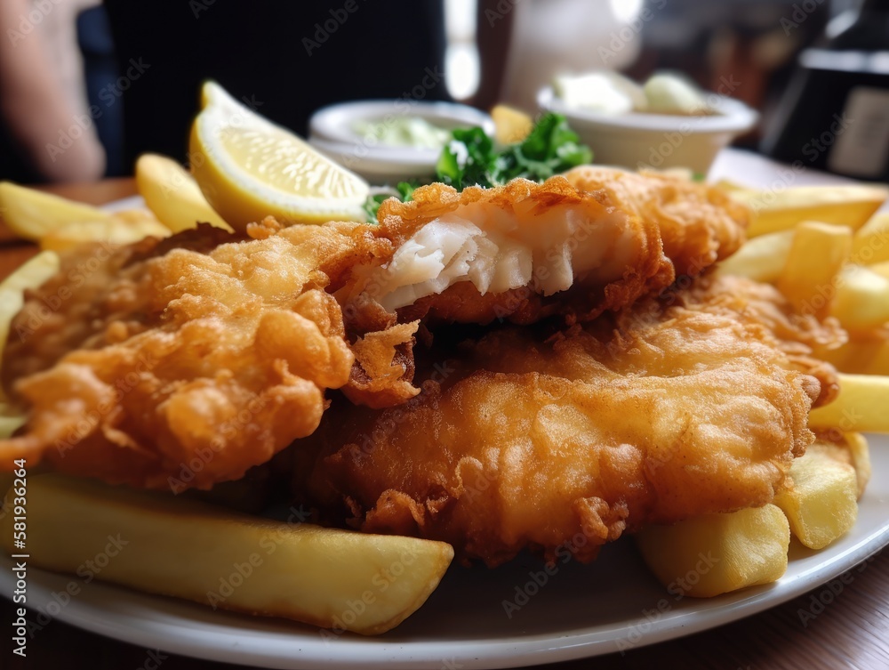 Crispy fried fish and thick - cut chips, all served with a side of ...