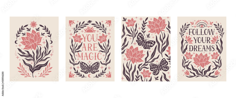 Boho posters set. Collection of bohemian postcards with positive quotes ...