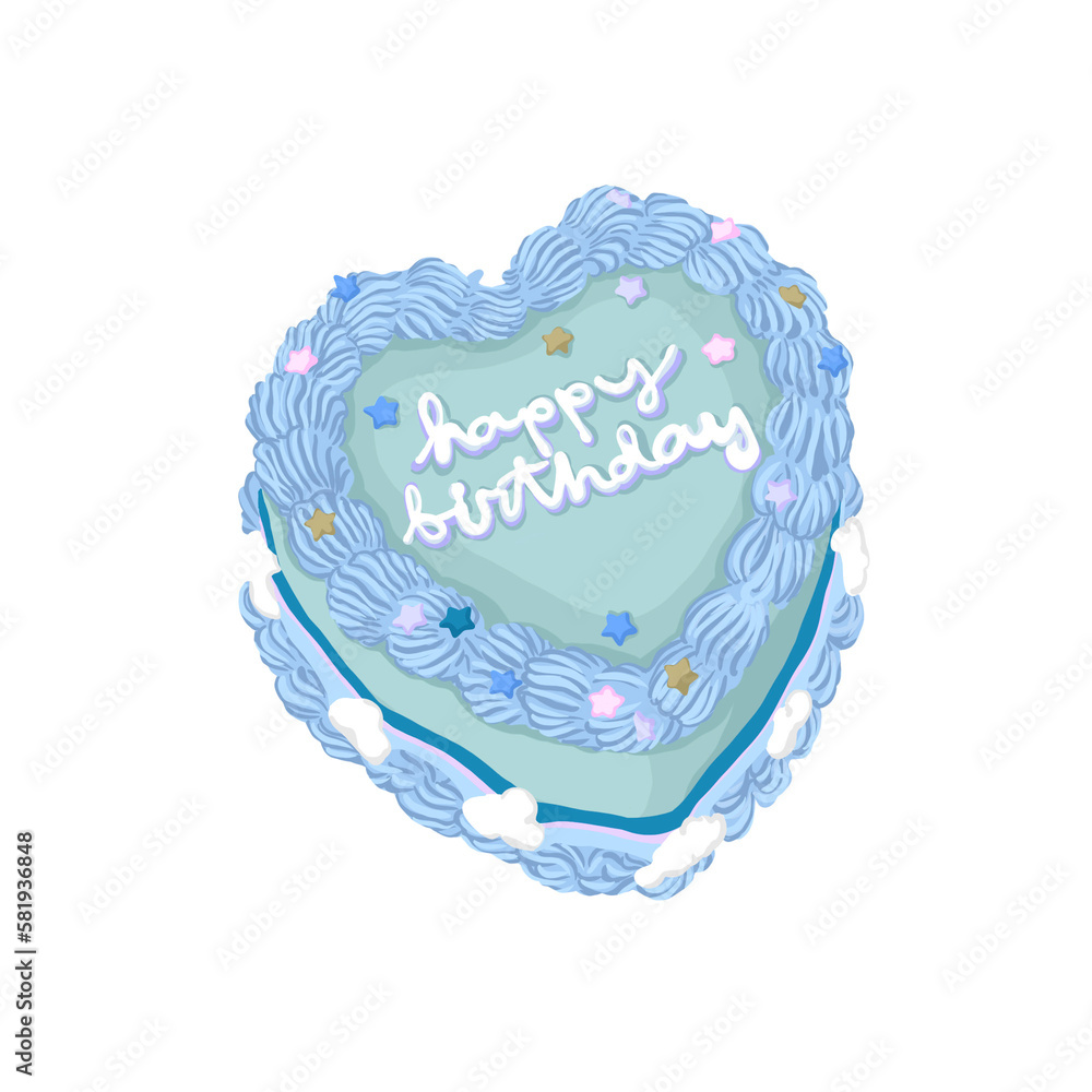 Cartoon realistic heart cake. Heart shape blue delicious birthday cake ...