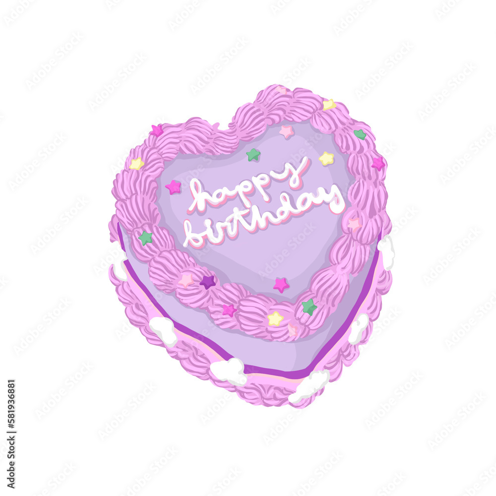 Cartoon realistic cake. Heart shape pink delicious birthday cake with ...