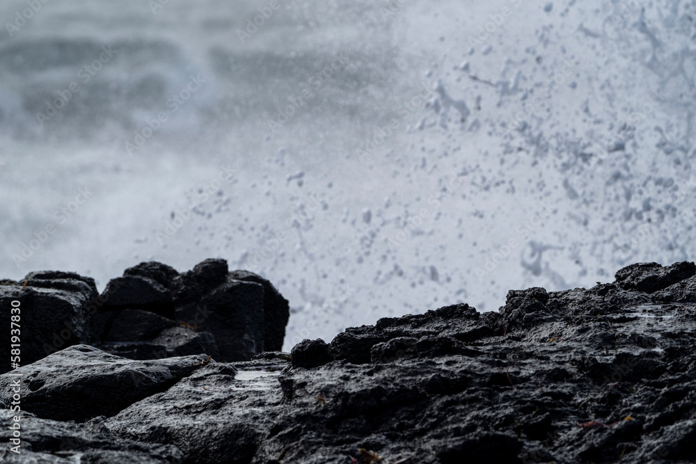 Very big waves and beautiful black rocks the power of the ocean Stock ...