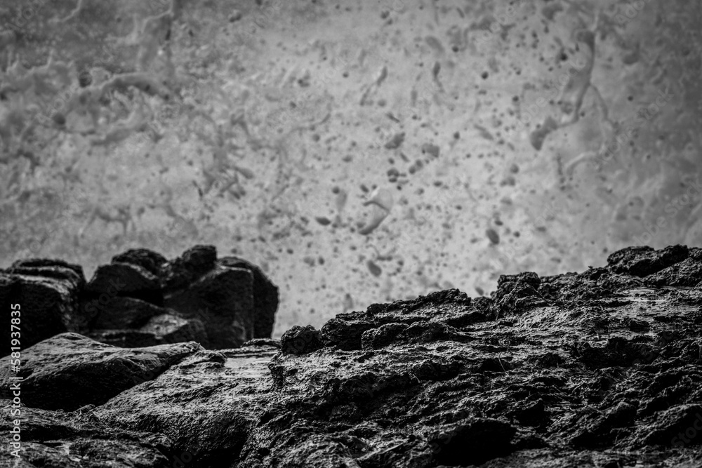 Very big waves and beautiful black rocks the power of the ocean Stock ...