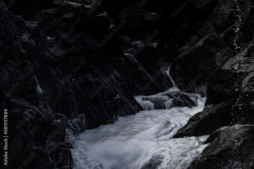 Very big waves and beautiful black rocks the power of the ocean Stock ...