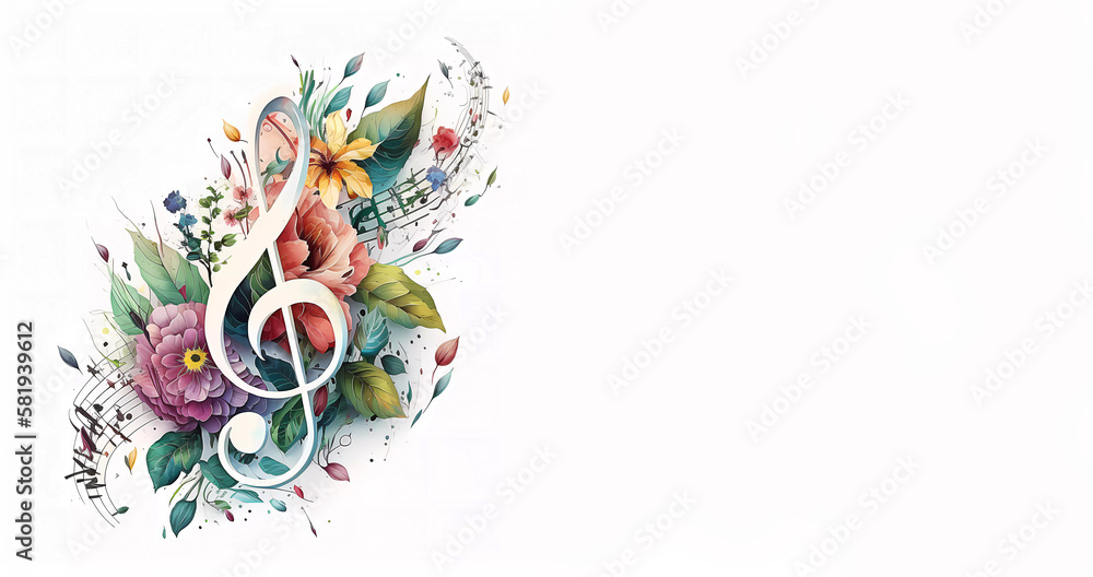 Treble clef, music notes in colors on a white background. Banner. Copy ...