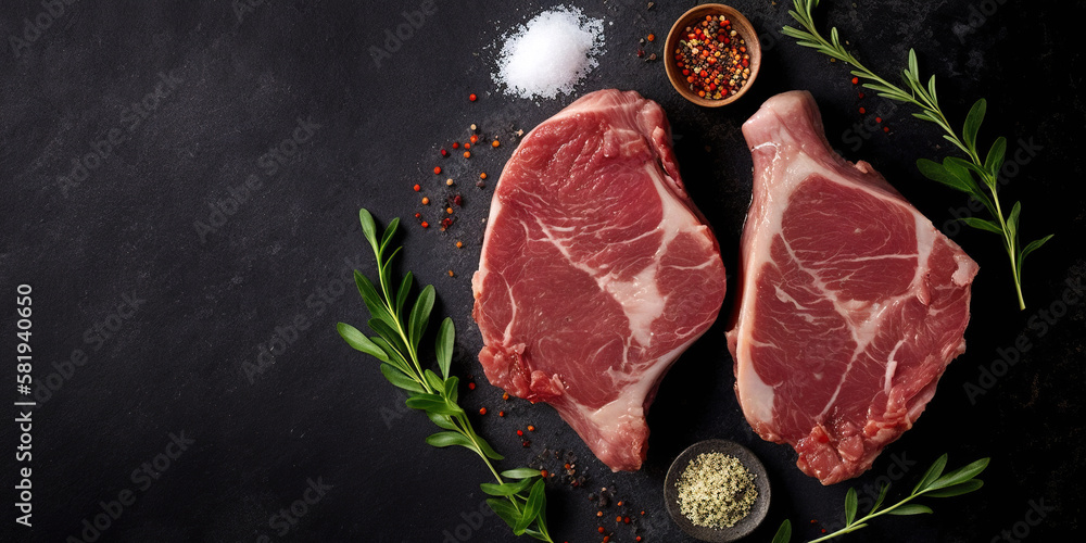 Raw steak on a slate. Two raw steaks on a dark shale background ...