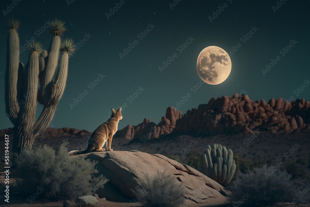 Coyote howling at the moon in the desert generative ai Stock ...
