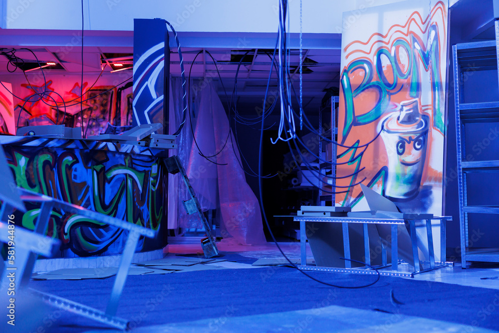 Demolished structure turned into dust and glowing with bright neon ...