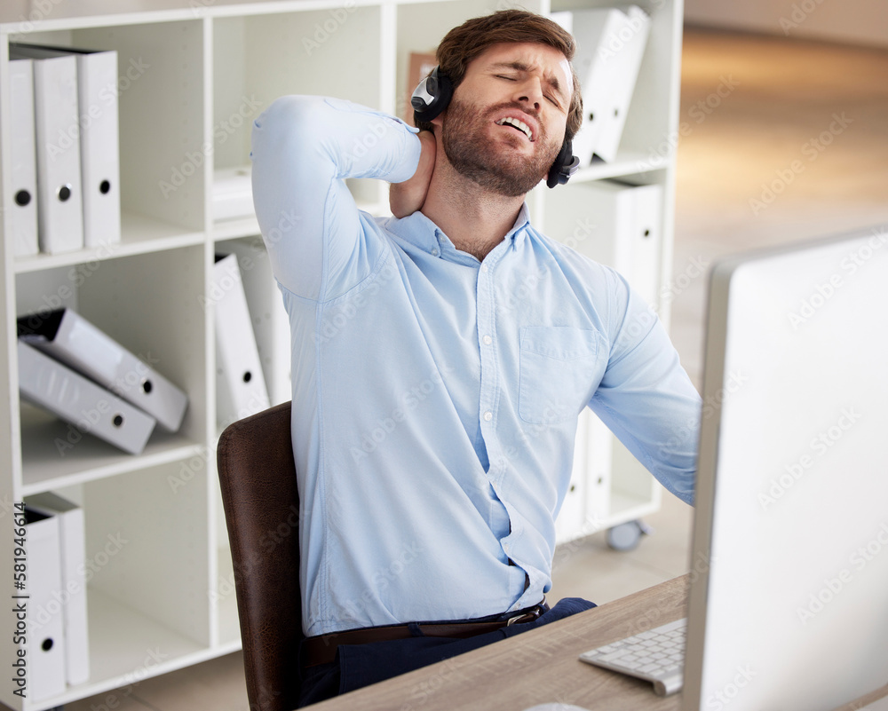 Neck pain, customer support consultant and business man with medical ...