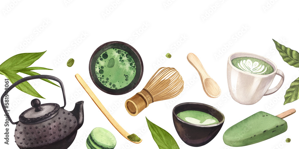 Watercolor frame with green tea matcha. Japanese tea ceremony hand ...