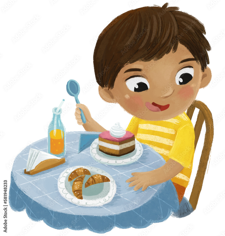 cartoon scene with boy eating tasty dessert illustration for kids Stock ...