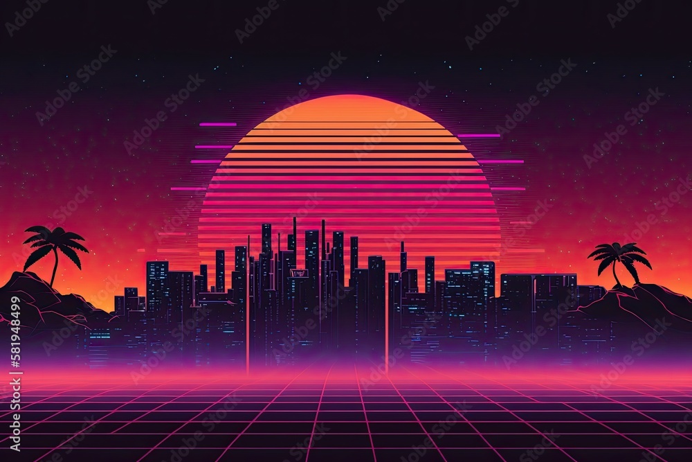 Neon retro futuristic city on sunset background. Generative ai. Stock ...