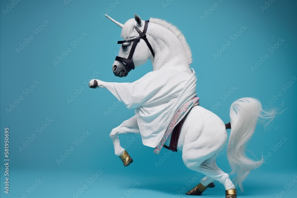 Studio portrait of unicorn in white kimono with black belt doing karate, created with Generative ...