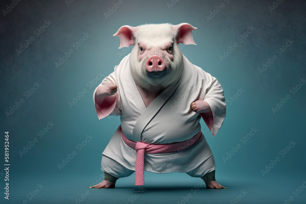 Studio portrait of pig in white kimono with black belt doing karate, created with Generative AI ...