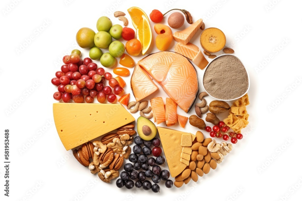 Pie chart of nutritious foods isolated on a white backdrop. sources of ...
