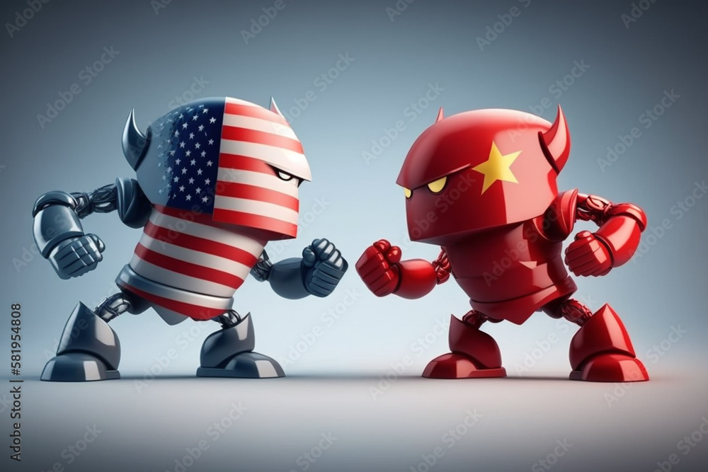 Two robots face each other with the American flag and China flag on ...