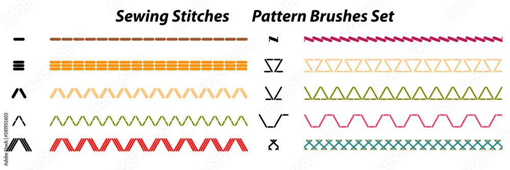 Sewing Stitches set. Border of seamless machine stitch. Pattern brushes ...