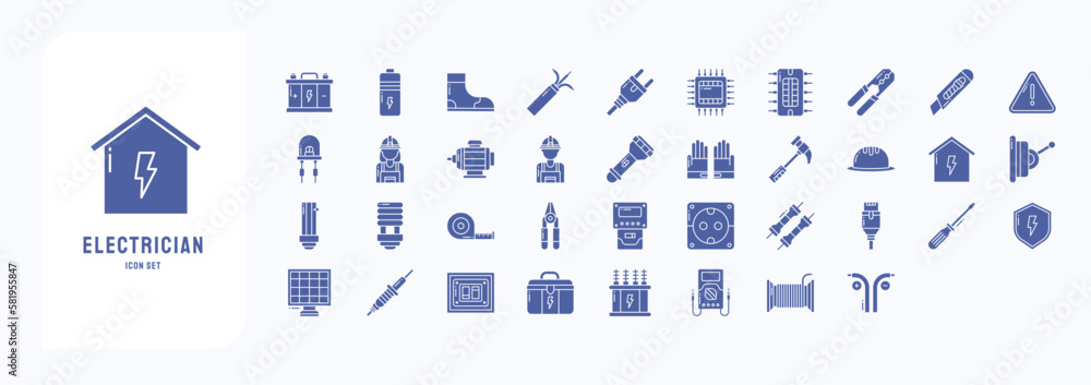 Electrician icon set including icons like Accumulator, Battery, Boots ...