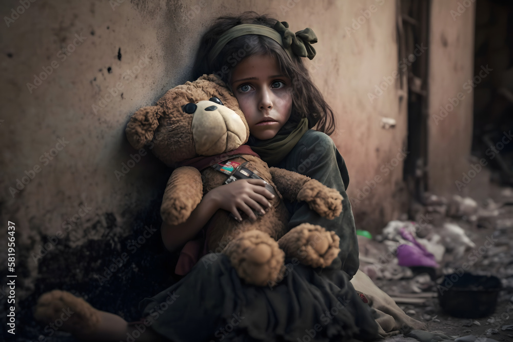 Little girl with a teddy bear during the war. Evacuation children ...