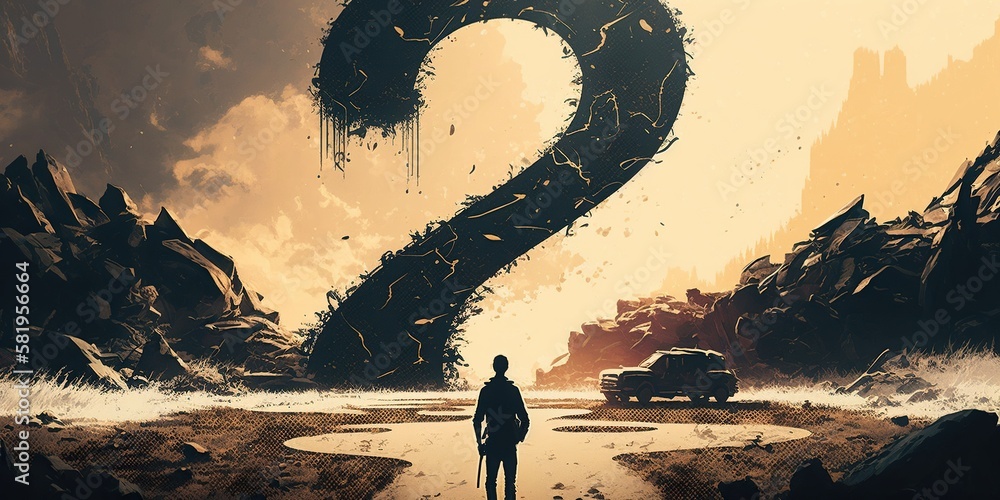 large question mark looming over person standing at crossroads ...