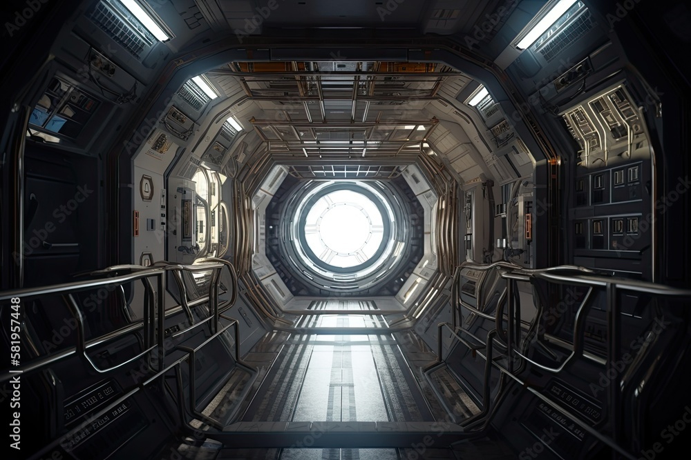 High definition (8K) sci fi spaceship corridor, shuttle interior ...