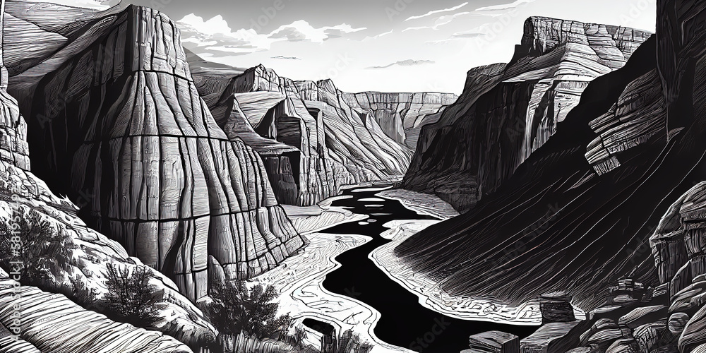 Black and white pencil sketch of the Grand Canyon. AI generated ...