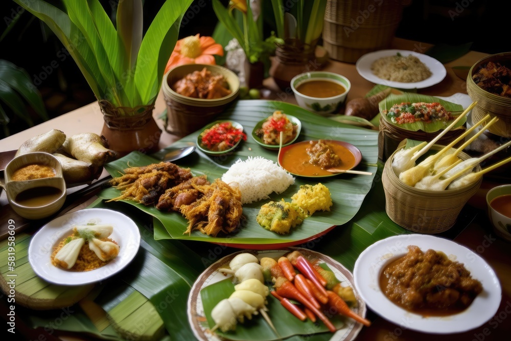 Indonesian cuisine Many traditional Balinese dishes on the table ...