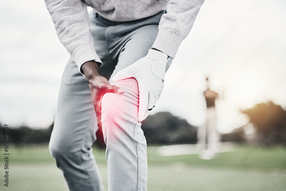 Sports, injury and golf course, black man with knee pain at game ...