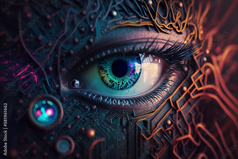 eye emerging out of computer circuitry. Spying, surveillance ...