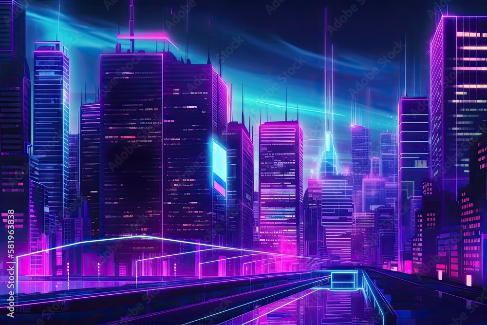 futuristic neon city. urban horizon In a futuristic metropolis with ...