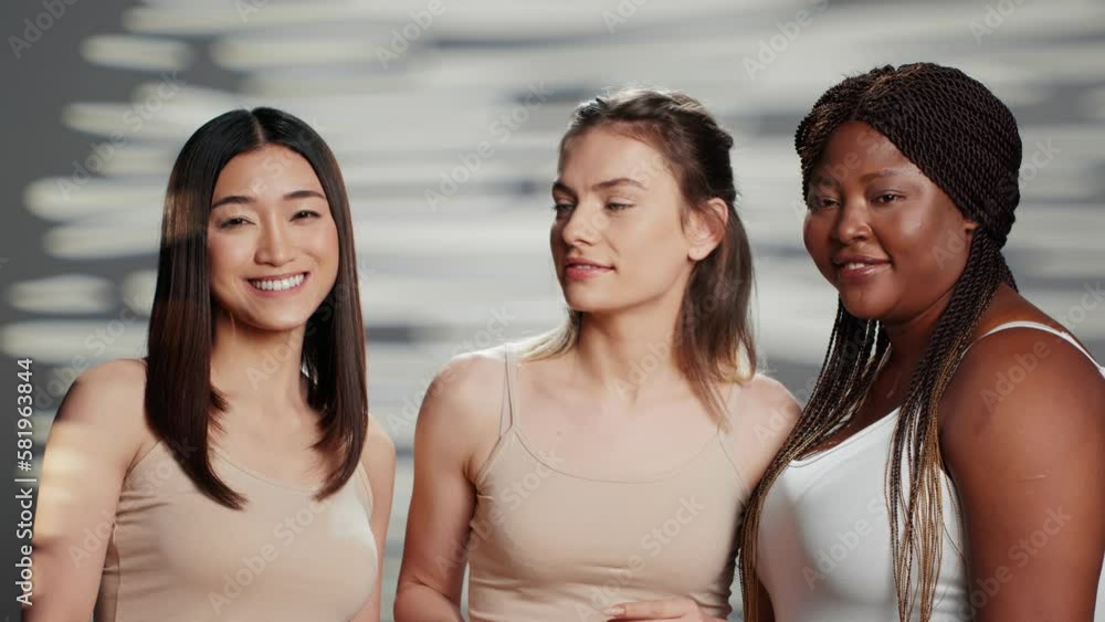 Group of diverse women smiling in body confidence ad, laughing together ...
